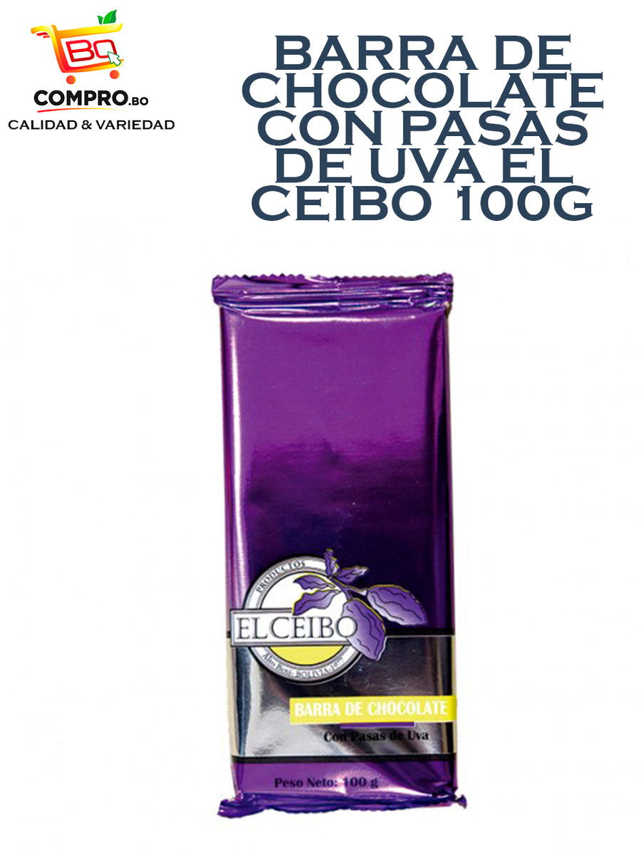 BARRA DE CHOCOLATE CON PASAS DE UVA EL CEIBO 100G – COMPRO.BO